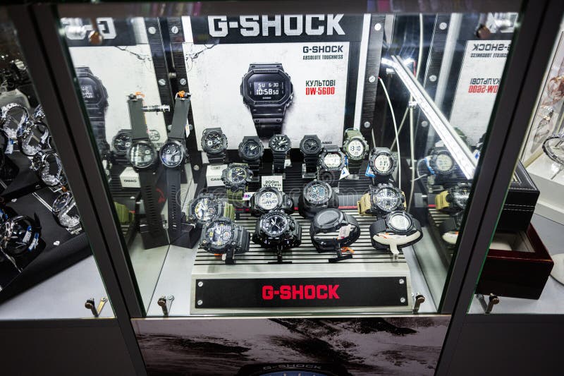 Display of G-Shock Watches in a Store Showcase with Various Models ...