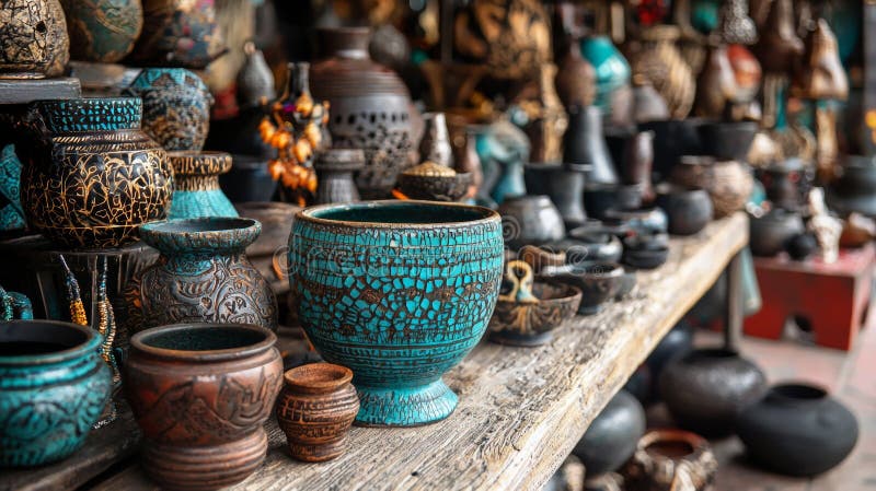 Display of Handcrafted Pottery with Intricate Patterns Stock Photo ...