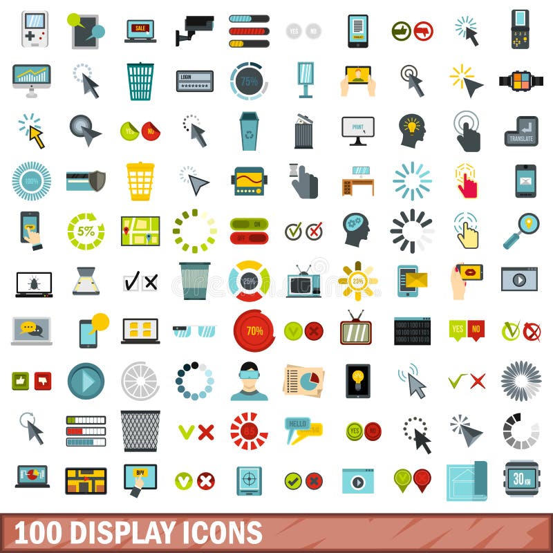 100 Display Icons Set, Flat Style Stock Vector - Illustration of ...