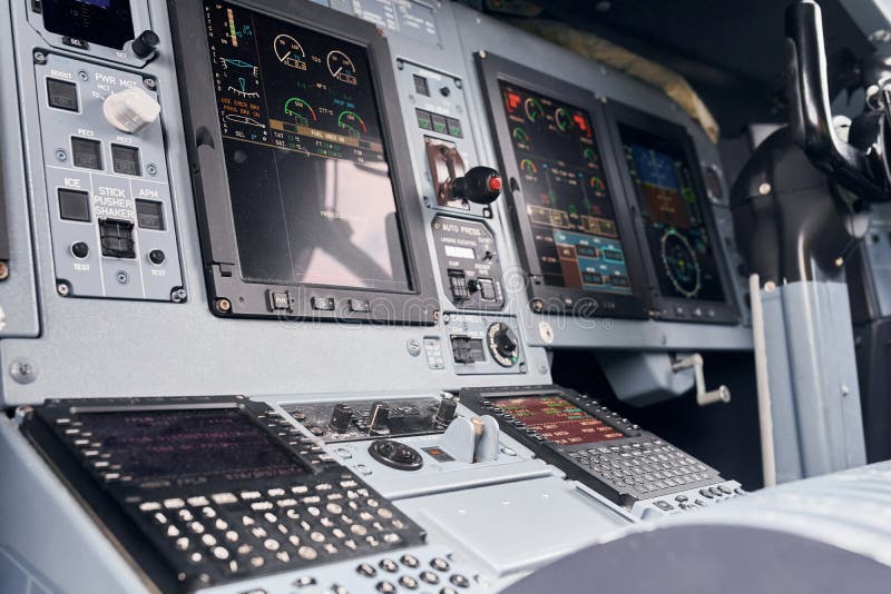 Display with Information. Close Up Focused View of Airplane Cockpit ...