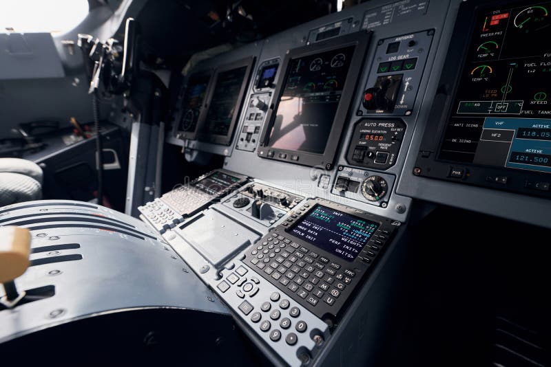 Display with Information. Close Up Focused View of Airplane Cockpit ...