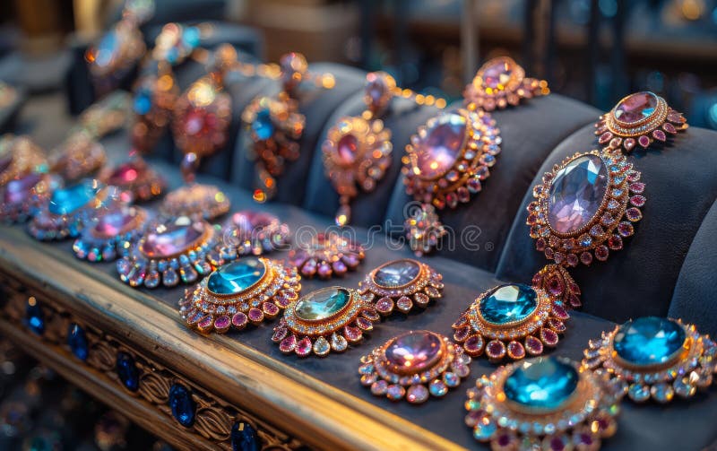 A Display of Jewelry with Many Different Colored Gems and Stones. the ...