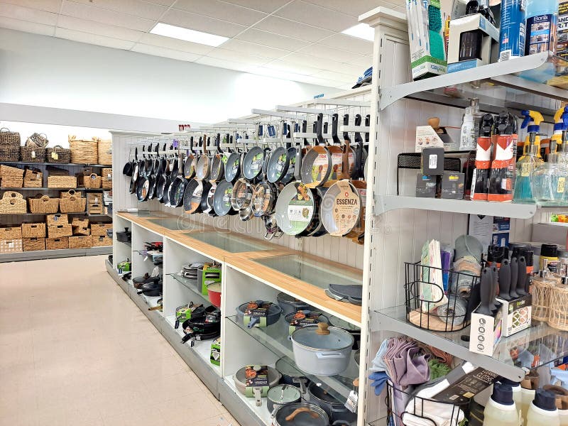 Display in a Large Supermarket with Kitchen Goods. Pans and Pots on the ...