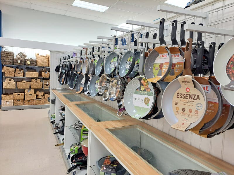 Display in a Large Supermarket with Kitchen Goods. Pans and Pots on the ...