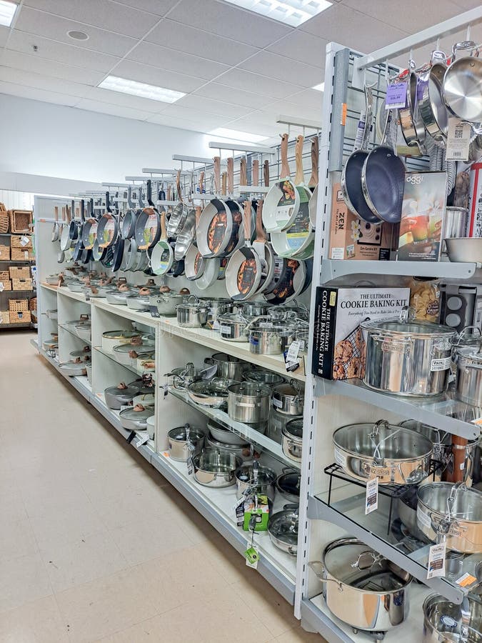 Display in a Large Supermarket with Kitchen Goods. Pans and Pots on the ...