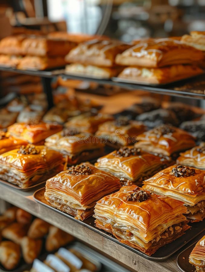 A Display of Layered Pastries at a Bakery. Stock Image - Image of shop ...