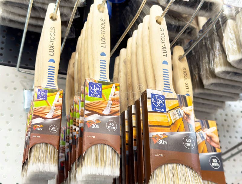 Display of Lux Tools Paintbrushes in Various Sizes at Hardware Store ...
