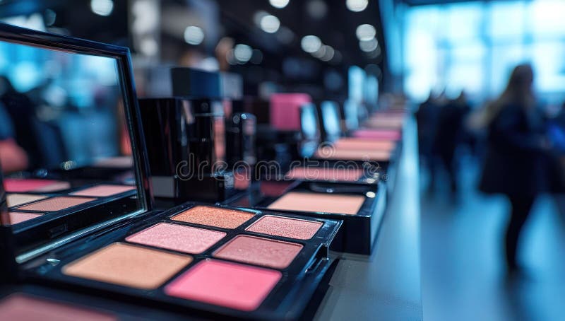 A Display of Makeup Products with a Blurry Background of People Walking ...