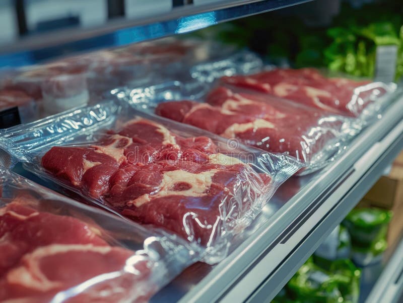 Display of Meat in a Store with Plastic Packaging Stock Image - Image ...