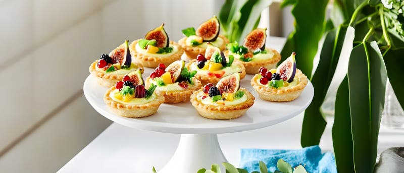 A Display of Mini Fruit Tarts Topped with Figs and Berries on a White ...