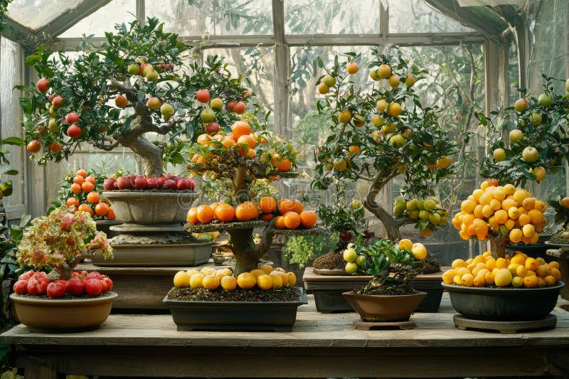 On Display are Miniature Bonsai Fruit Trees with Miniature Versions of ...