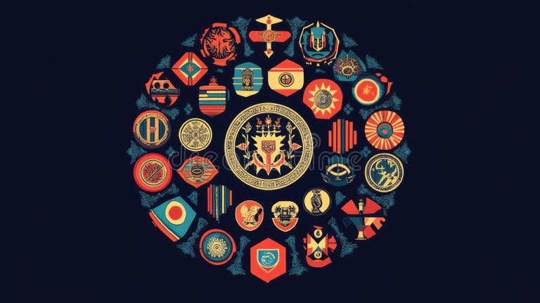 Display of National Emblems and Flags Arranged in a Round Layout ...