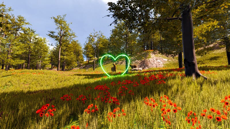 Display of a Neon Heart in a Virtual Forest a Computer Designed ...