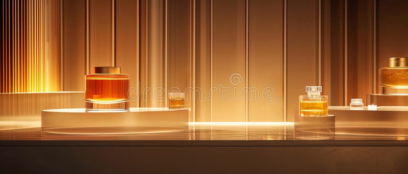 A Display of Perfume Bottles on a Table with a Gold Background Stock ...