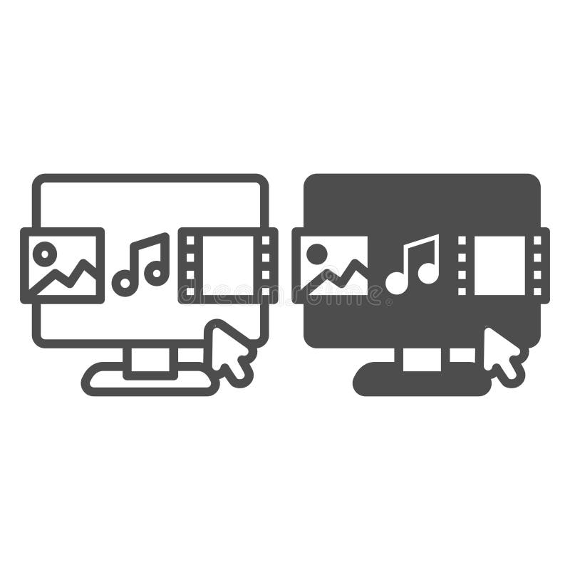 Display with Pictures, Music, Movie and Cursor Line and Solid Icon, Data Hoarding Concept ...