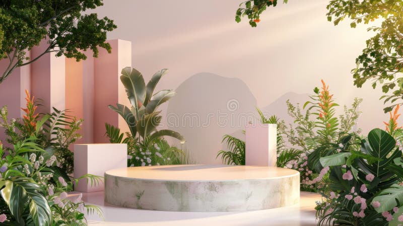 Display Podium Backdrop with Abstract Garden Scene. 3D Rendering Stock ...
