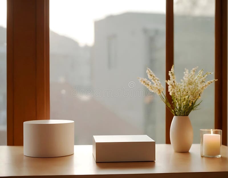 Display Podium - White Platforms for Product Placement Against Window ...