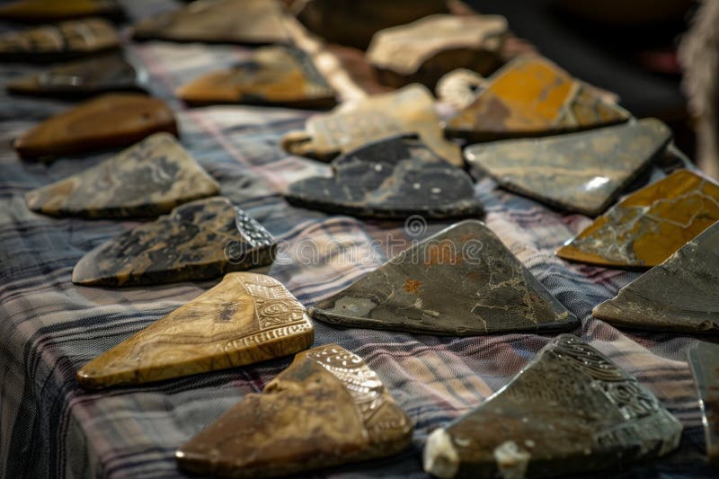 A Display of Polished Stone Axe Heads on Cloth Stock Photo - Image of ...