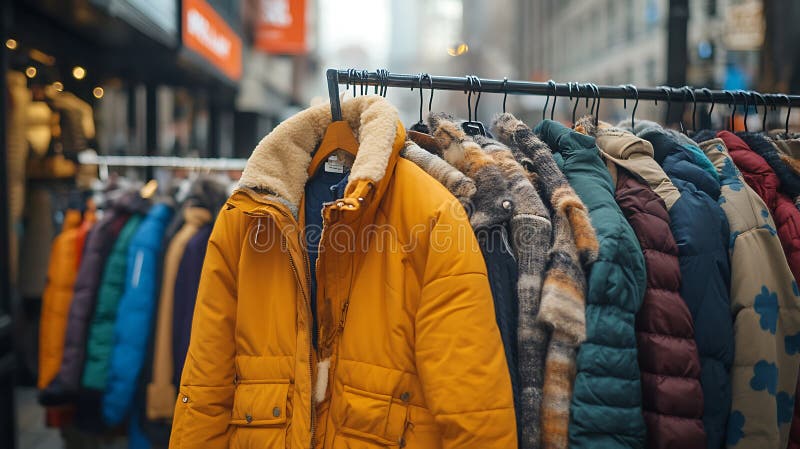 Display Rack Full of Colorful Winter Coats with Fur Collars and Padded ...