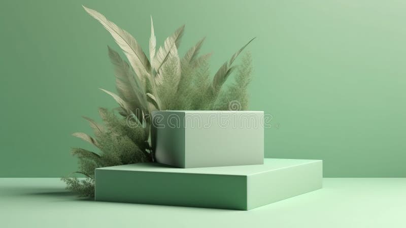 Display Rectangular Podium Green Background with Decorative Grass and ...