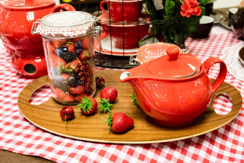 Display of Red Kitchenware in a Store Stock Photo - Image of mixed ...