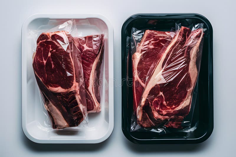 Display of Red Meat on Trays, Wrapped in Plastic, on White Background ...