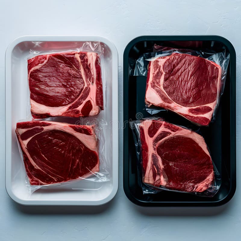Display of Red Meat on Trays, Wrapped in Plastic, on White Background ...
