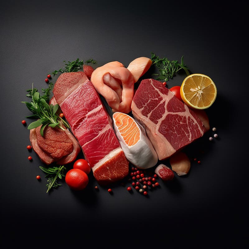 Display of Salmon Beef Pork and Chicken Stock Illustration ...