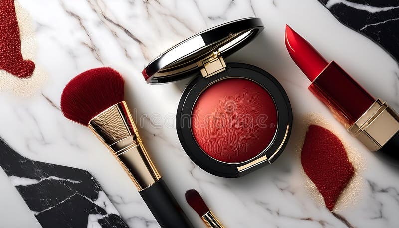 A Top View of an Elegant Makeup Arrangement Featuring Bold Red Lipstick ...