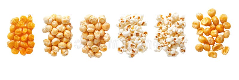 Diverse Varieties of Popcorn Kernels and Popped Corn Arranged in a Row ...