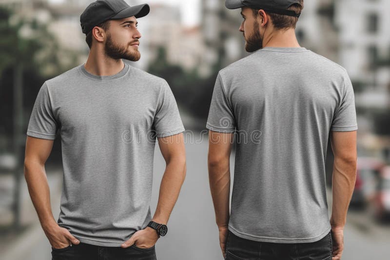 Grey Tshirt Model Man Poses Front and Back Casual Style Stock ...