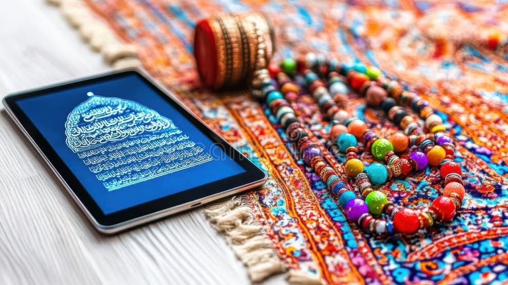 Display Shows Script with Vibrant Islamic Beads and Prayer on Textured ...