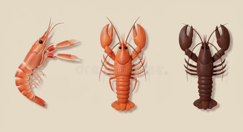 Display of Shrimp and Lobsters Different Colors and Design on Beige ...