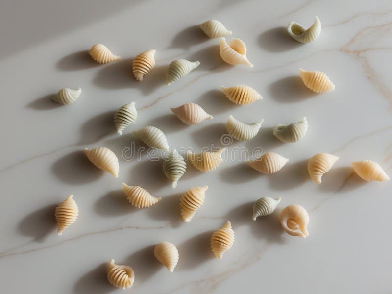 Display of Spiral and Shell Pasta in Pastel Colors on Marble. Stock ...