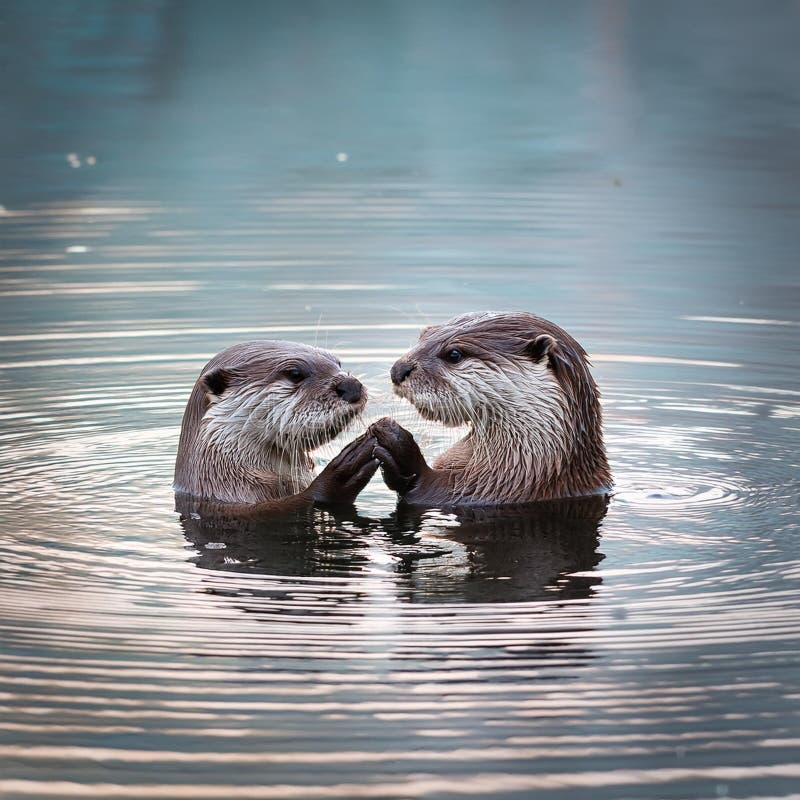 Two Otters Holding Hands while Floating in a Calm Lake Stock ...