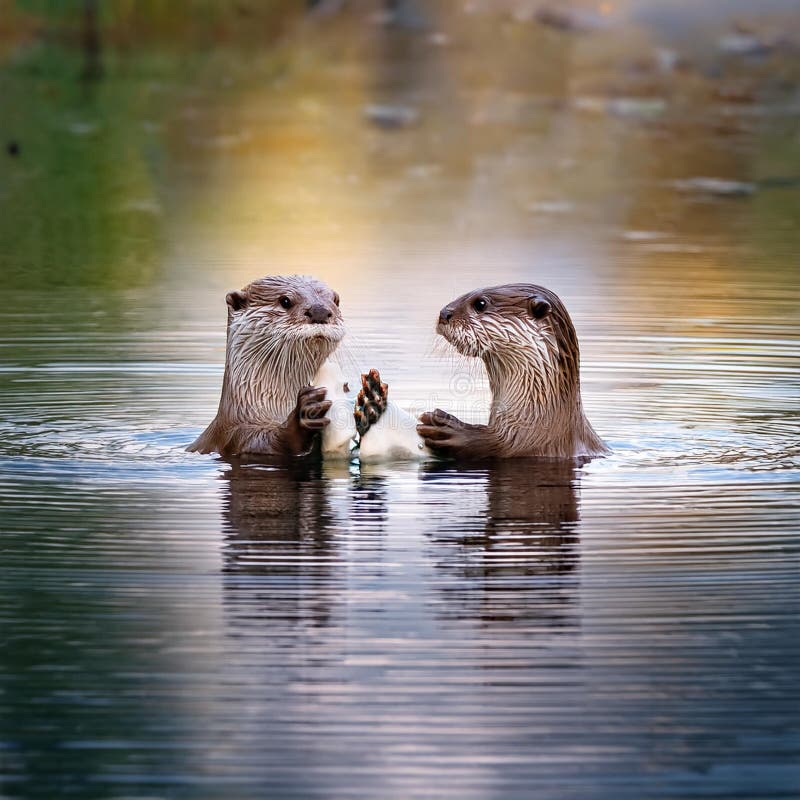 Two Otters Holding Hands while Floating in a Calm Lake Stock ...