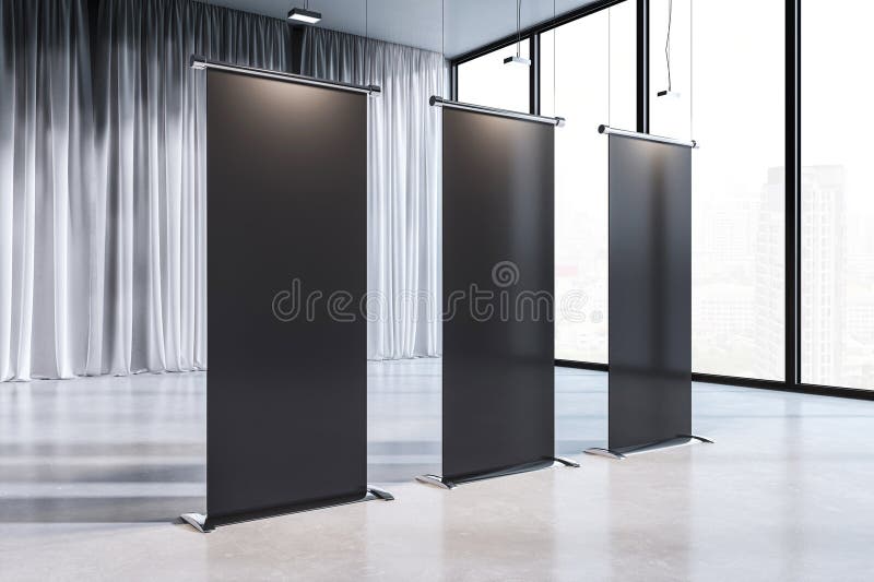 Display of Three Blank Roll-up Banners in a Modern Interior Room with ...