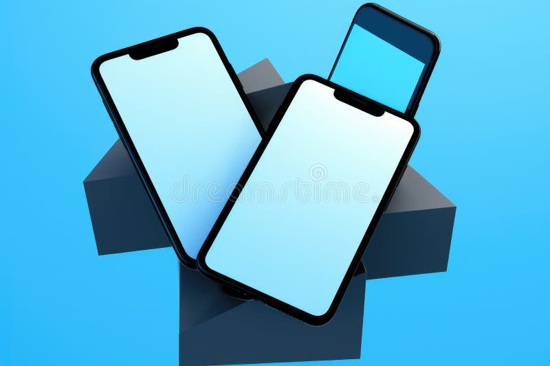 Display of Three Phone Models with Blank Screens Against a Calming Blue ...
