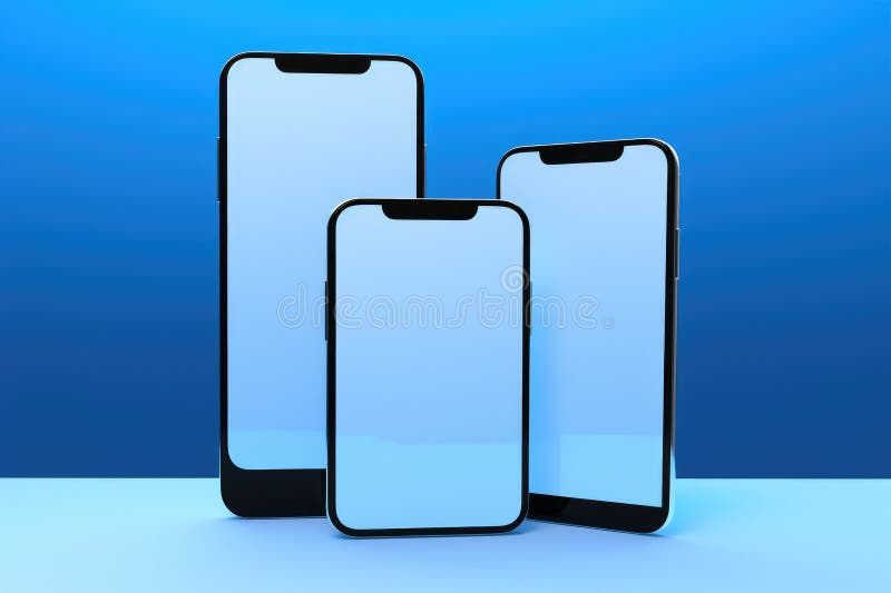 Display of Three Phone Models with Blank Screens Against a Calming Blue ...