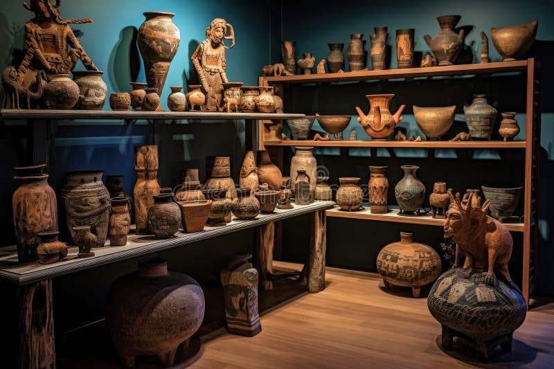 Display of Various Ancient Pottery Pieces Stock Illustration ...