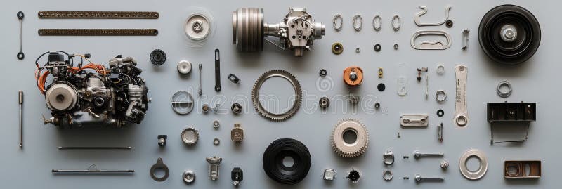 Display of Various Car Engine Components Such As Pistons, Gears, and ...