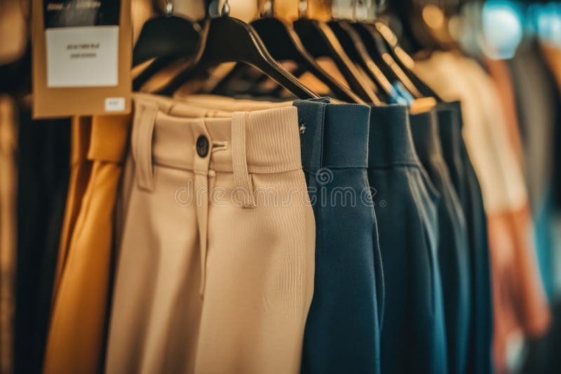 A Display of Various Colored Pants Hanging on Hangers in a Retail ...