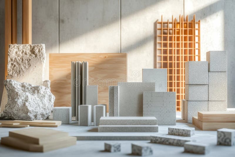 Display of Various Construction Materials Including Bricks, Wood, and ...