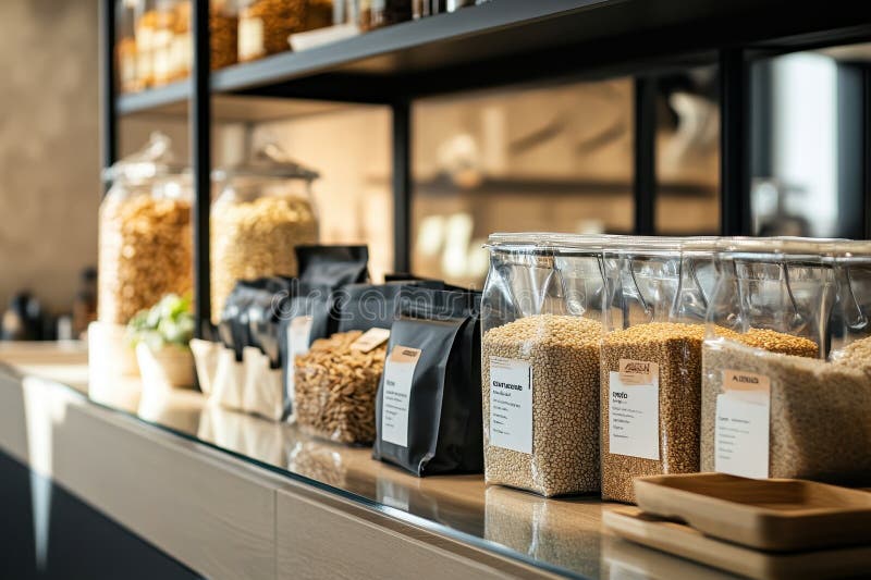 Display of Various Grains and Snacks in Clear Containers on a Modern ...