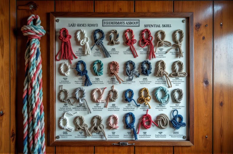 Display of Various Knots on Wooden Panel with Nautical Theme Stock ...