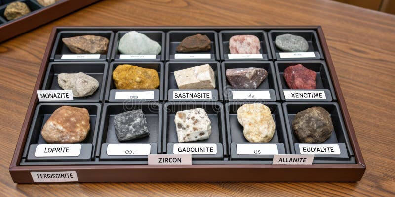 Display of Various Mineral Specimens in Labeled Containers on a Wooden ...