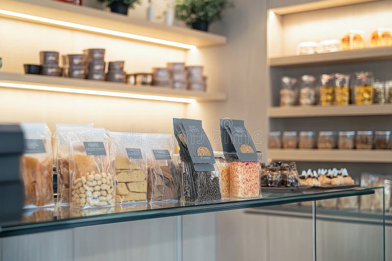 Display of Various Packaged Snacks on a Glass Shelf in a Modern Store ...