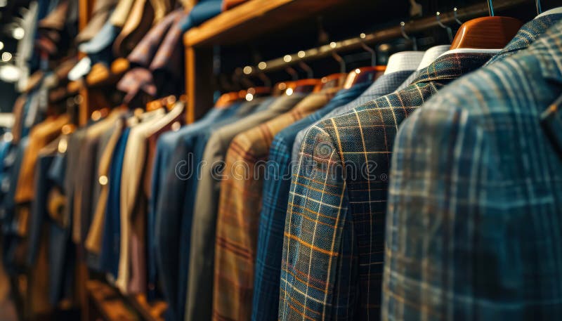 Display of Various Plaid and Solid-colored Jackets and Coats Hanging on ...