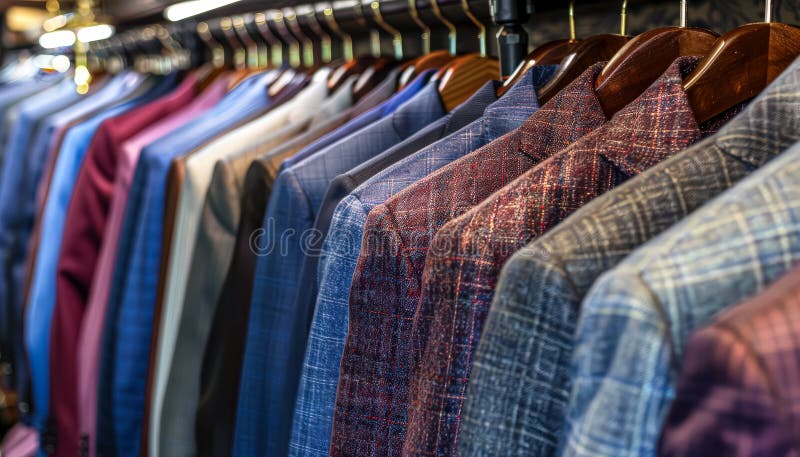Display of Various Plaid and Solid-colored Jackets and Coats Hanging on ...