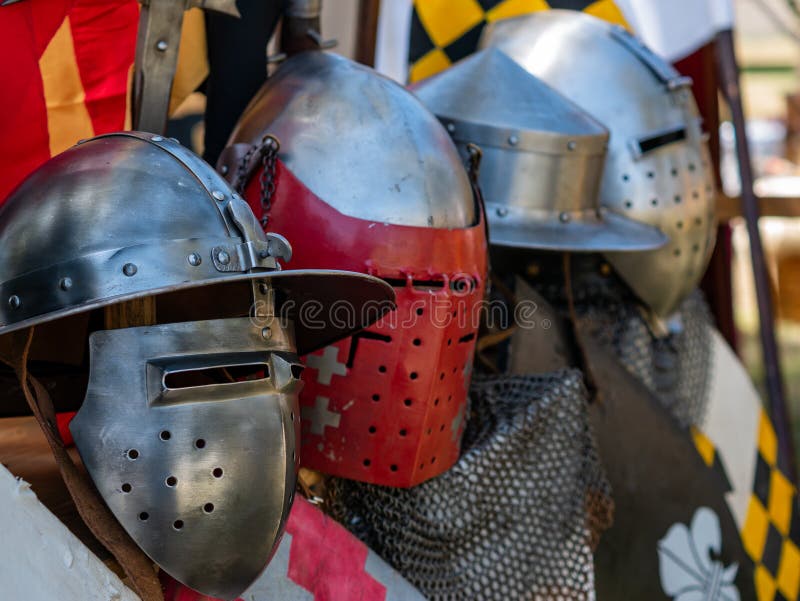 Display of Various Types of Medieval Plate Armor Helmets Editorial ...